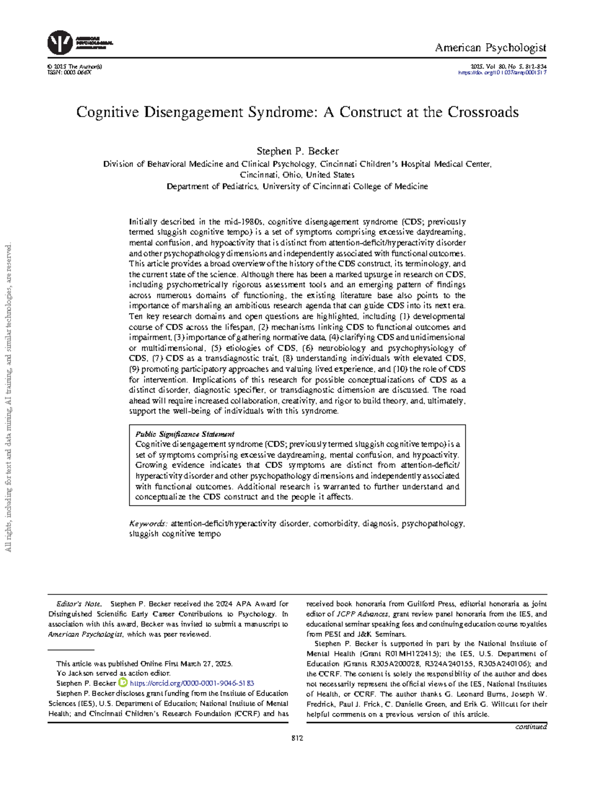 Cognitive Disengagement Syndrome: Insights and Future Directions (PSY ...
