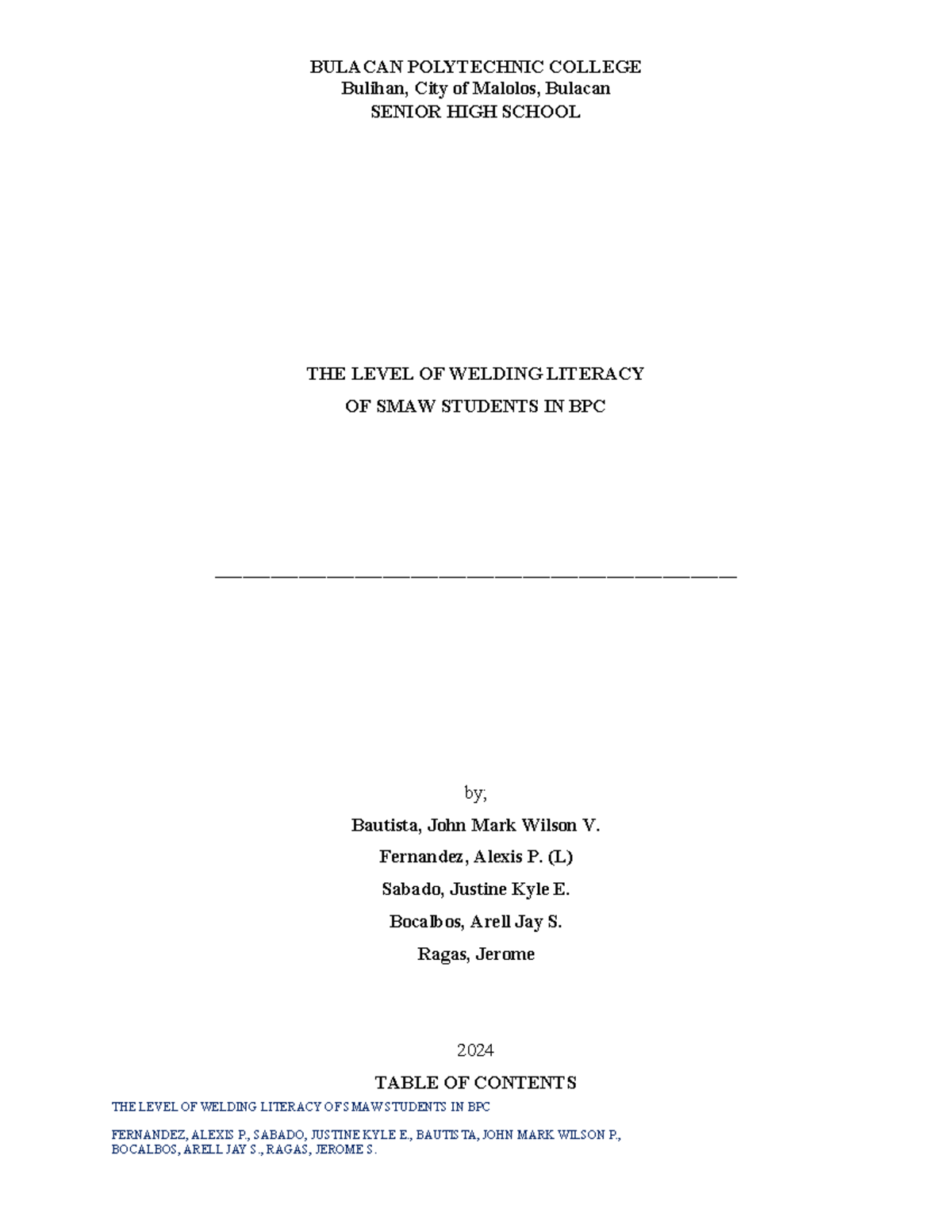 BPC SMAW Students' Welding Literacy: A Comprehensive Study - Studocu