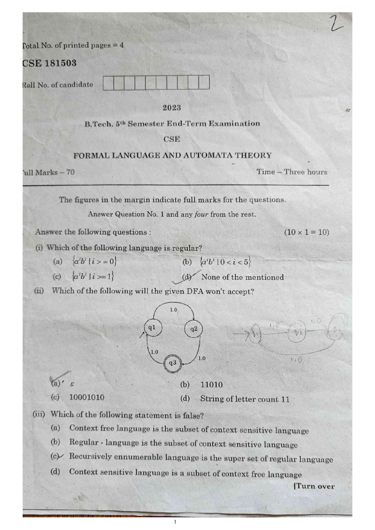 CSE 181503 B.Tech 5ᵗʰ Sem Exam: Formal Language & Automata Theory Guide ...