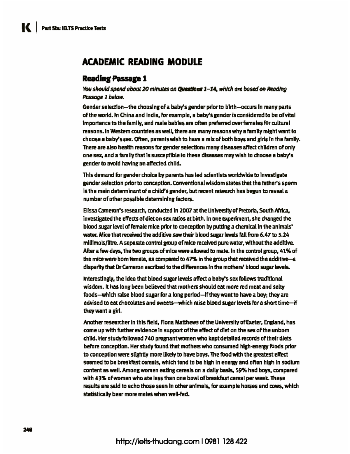 Reading Test: IELTS Academic Practice - Gender Selection & Coinage ...