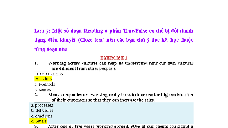 TACN1 KTHP - Reading Comprehension Exercises and Cultural Insights - Studocu