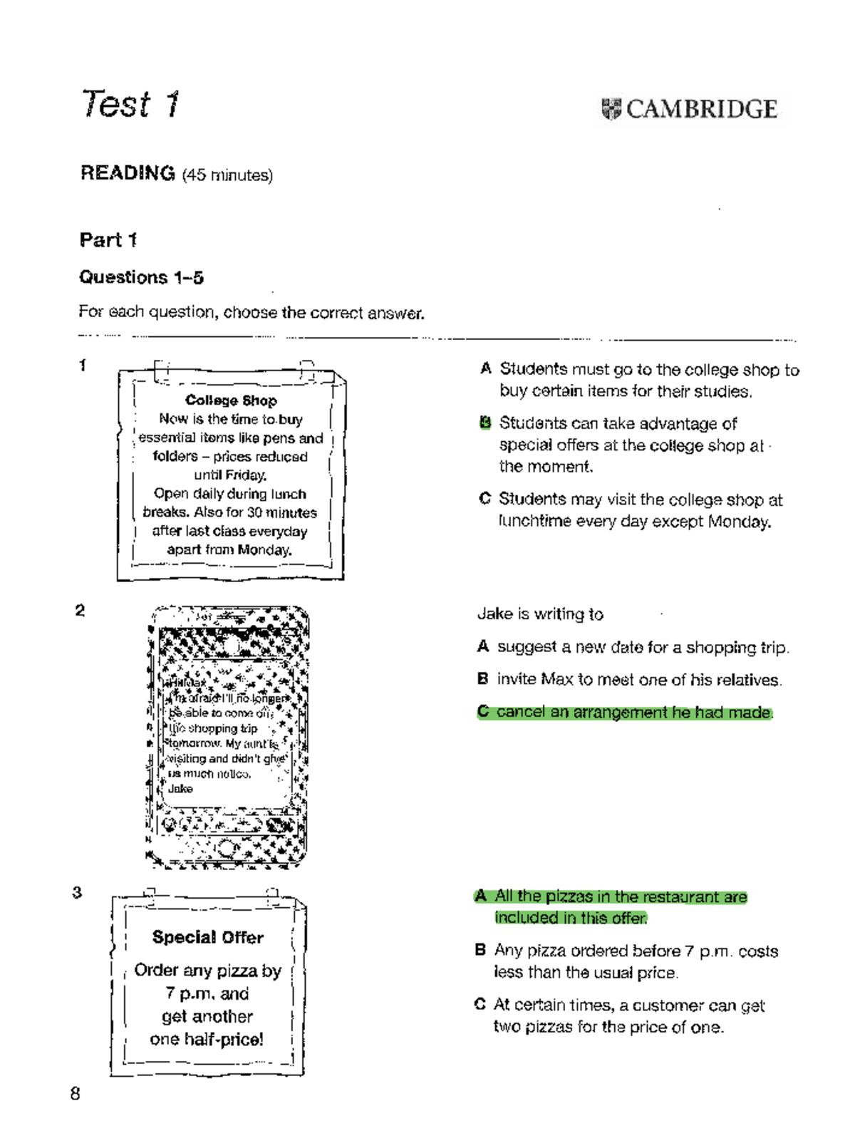 Test 1 READING Practice Questions and Answers (45 min) - Studocu