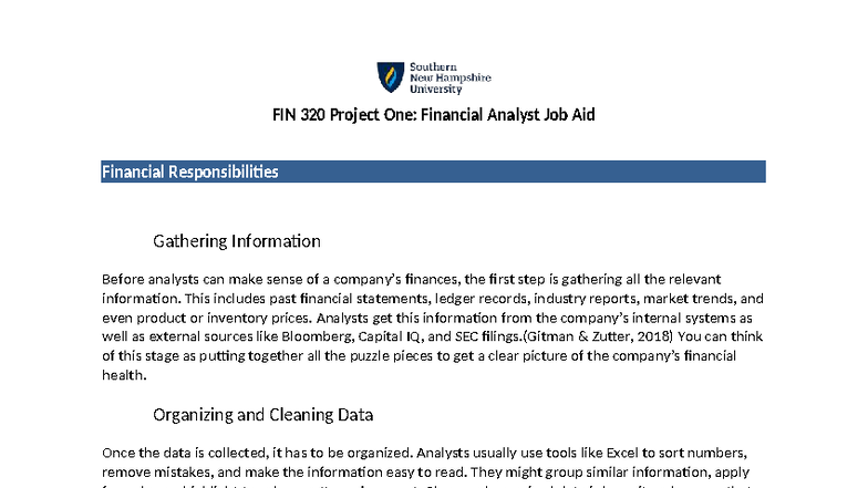 FIN 320 Project One: Financial Analyst Responsibilities & Insights ...