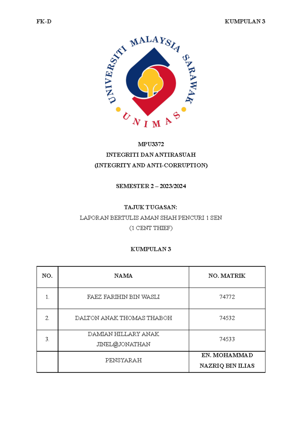 Laporan Bertulis Kes Aman Shah Dan Isu Integriti (MPU) - Studocu