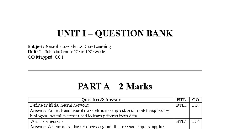 UNIT I Question Bank: Neural Networks & Deep Learning CO1 - Studocu