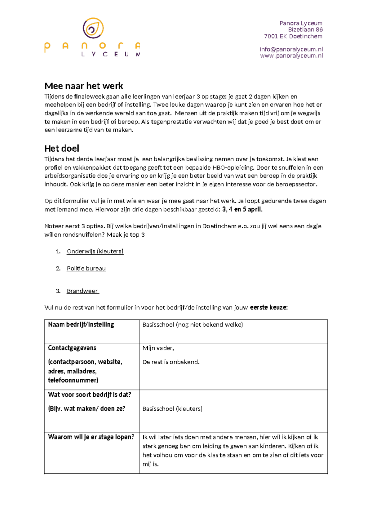 Stageformulier - Mee naar het Werk Havo 3: Voorbereiding en Contact ...