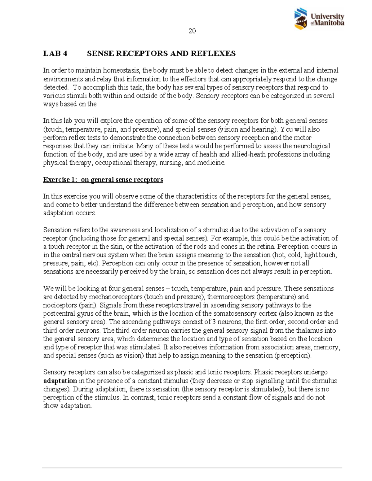 Lab 4 - Lab work will be doing during class - LAB 4 SENSE RECEPTORS AND ...