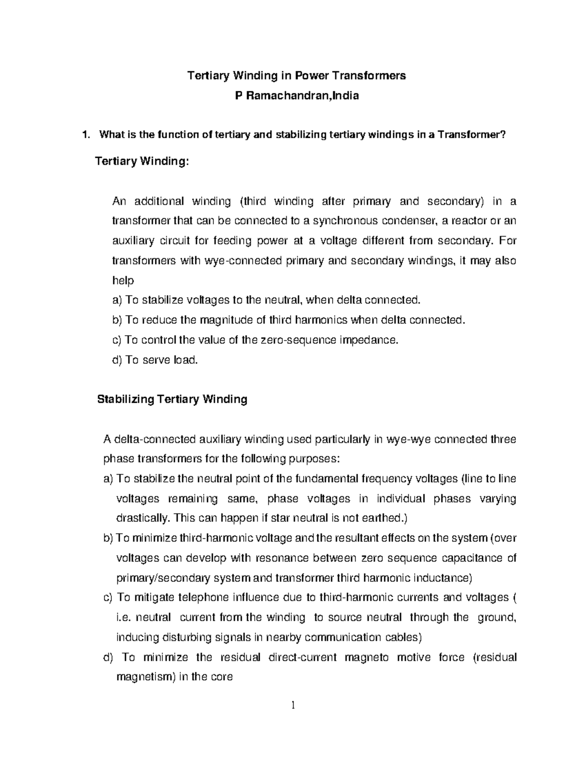 Tertiary Winding Functions and Stabilization in Power Transformers (EE ...