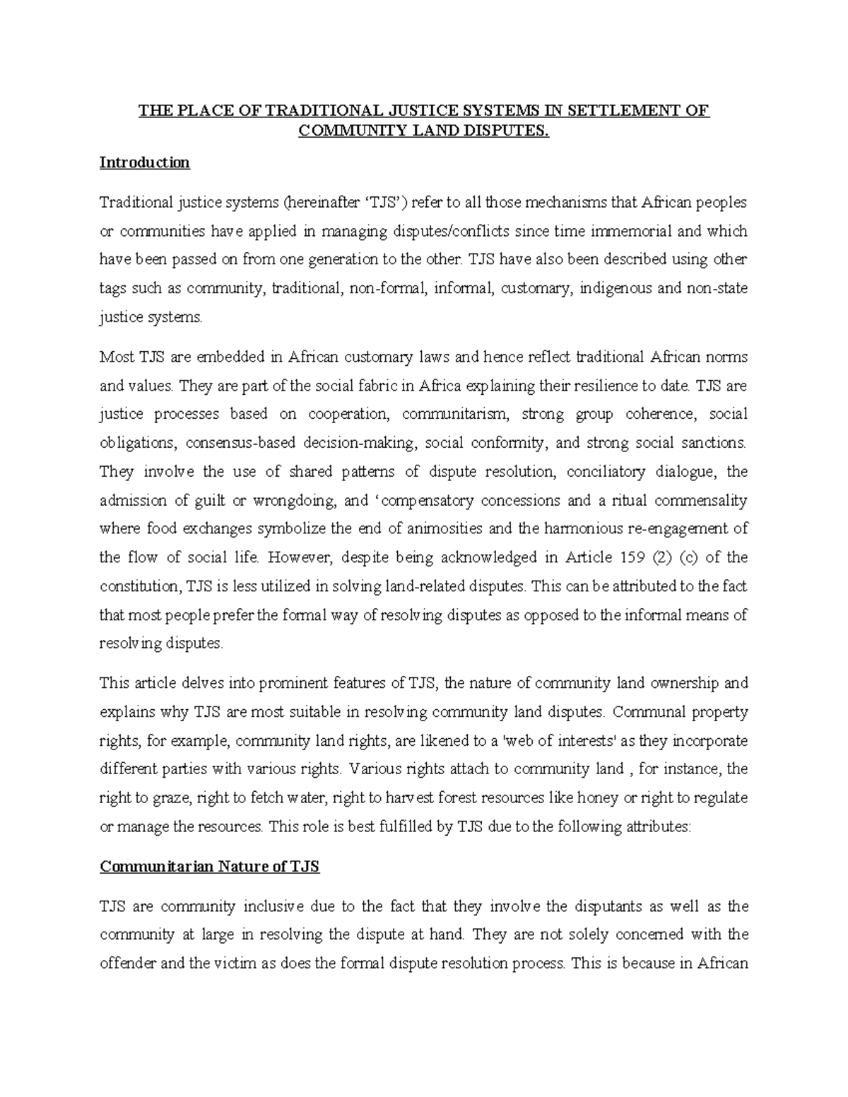 The Role of Traditional Justice Systems in Community Land Dispute ...