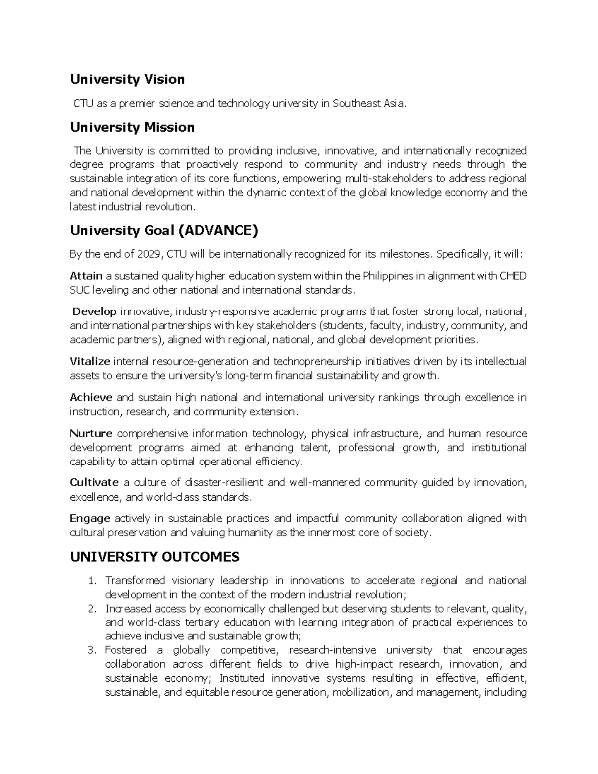 VMGO Overview: CTU's Vision, Mission, Goals, and Outcomes - Studocu