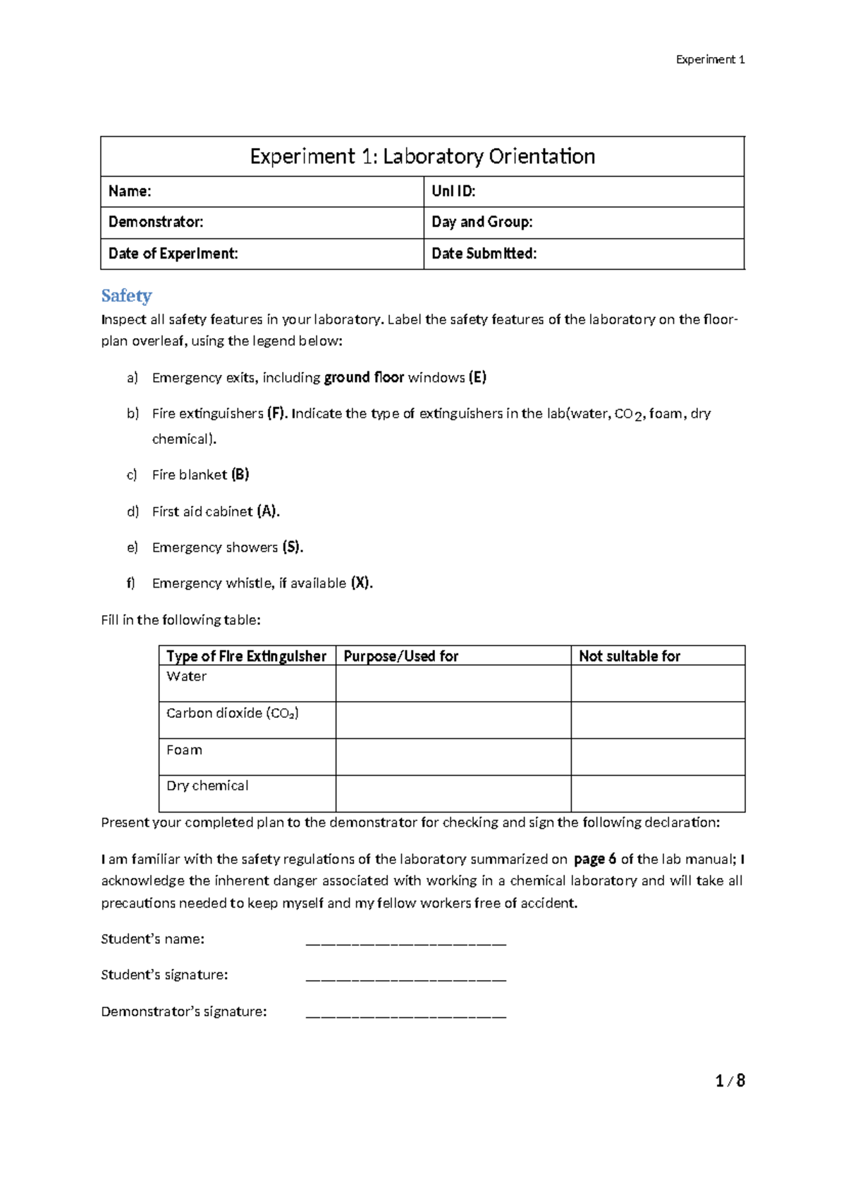 CHEM1101: Laboratory Orientation and Safety Checklist - Exp 1 WS - Studocu