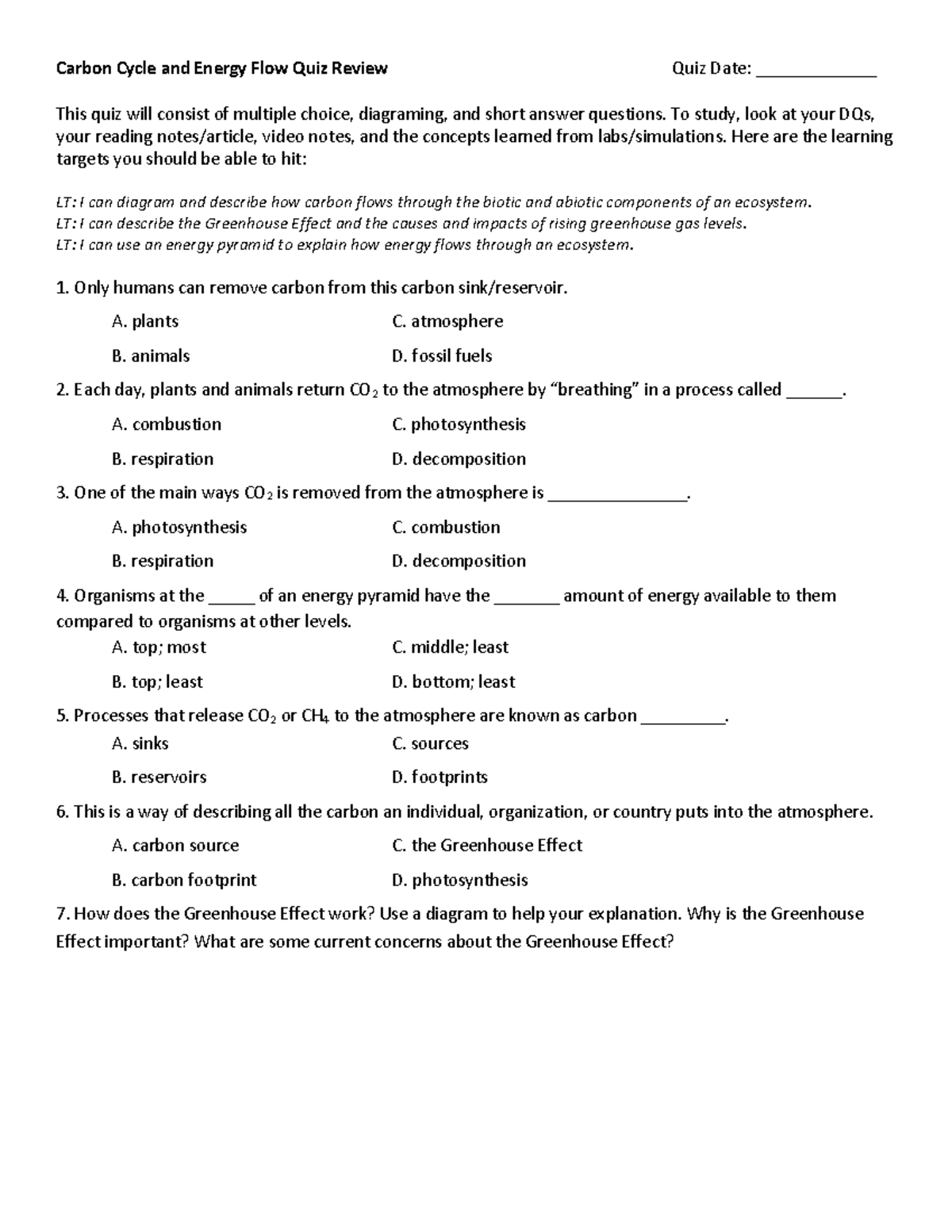 Carbon Cycle & Energy Flow Quiz Review: Key Concepts & Learning Targets ...