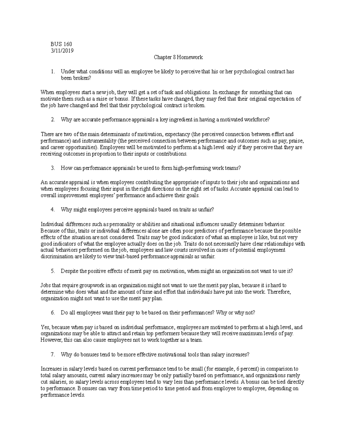 Chapter 8 Homework - Assignment for this class. - BUS 160 3/11/ Chapter ...
