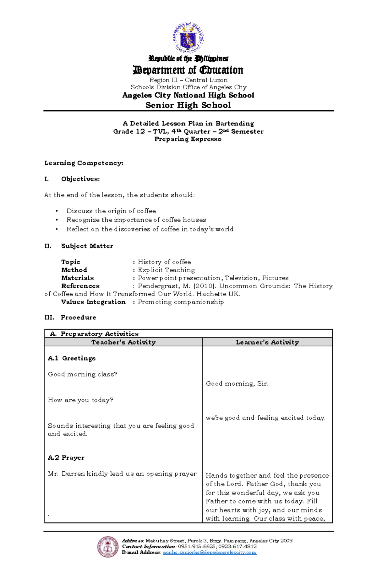 Detailed Lesson Plan: History of Coffee - Grade 12 TVL (4th Quarter ...