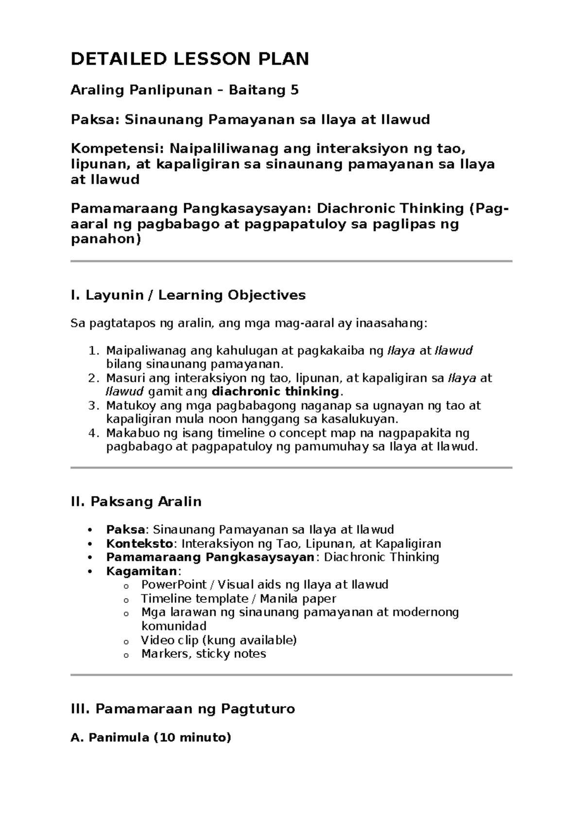 DETAILED LESSON PLAN AP Baitang 5: Sinaunang Pamayanan sa Ilaya at ...