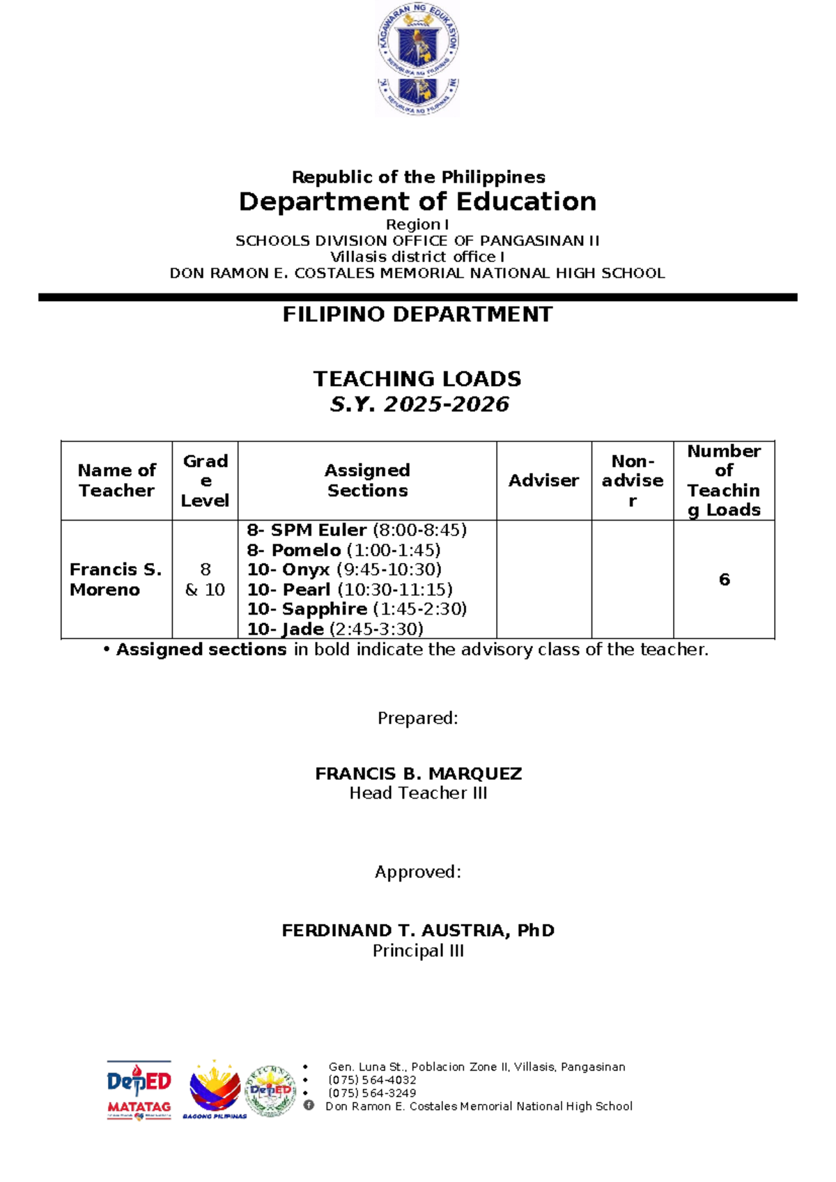 Teaching Loads for SY 2025-2026 - Don Ramon E. Costales Memorial HS ...