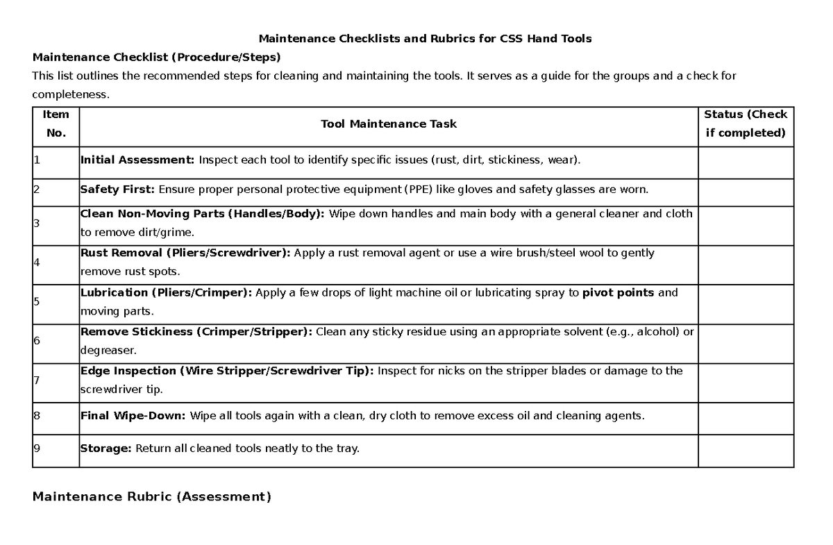 CSS Hand Tools Maintenance Checklist & Rubric Guide - Studocu