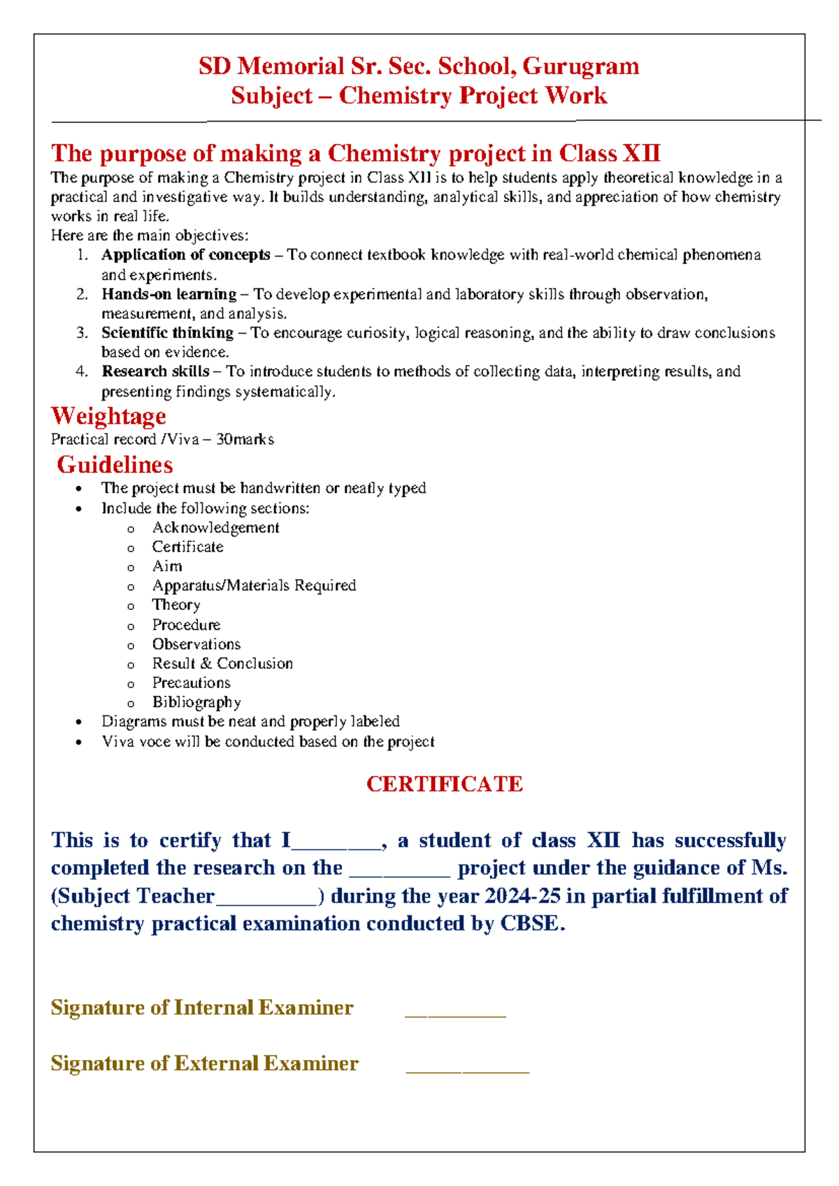 Chemistry Project Guidelines for Class XII - SD Memorial School - Studocu