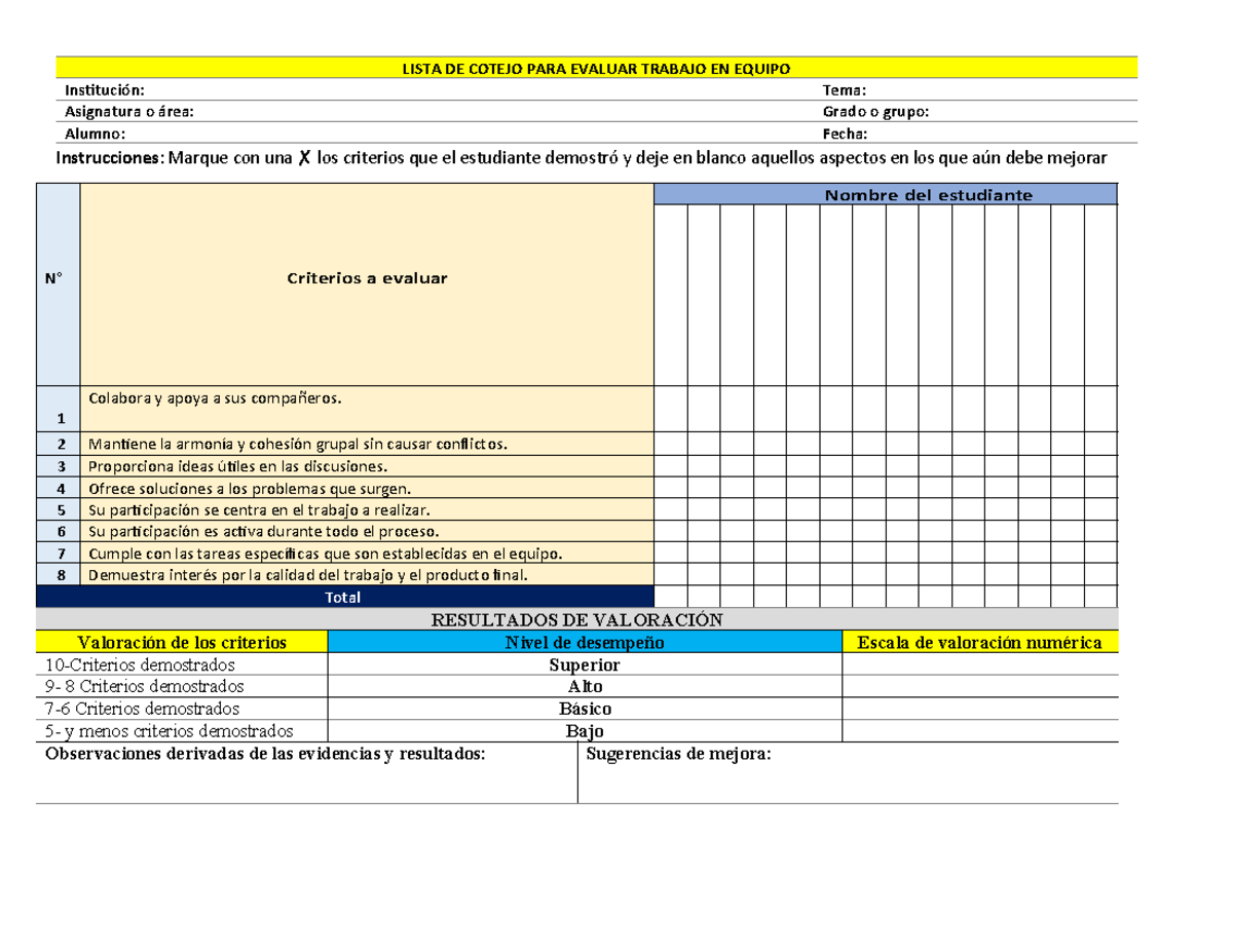 Lista de Cotejo para Evaluar Trabajo en Equipo - Reporte - Studocu