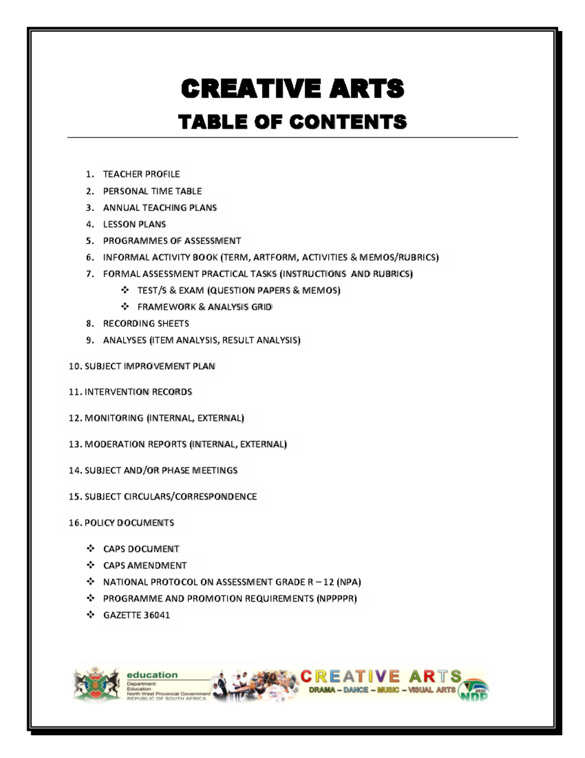 Table OF Contents FOR Teachers Files 2025 - CREATIVE ARTS TABLE OF ...