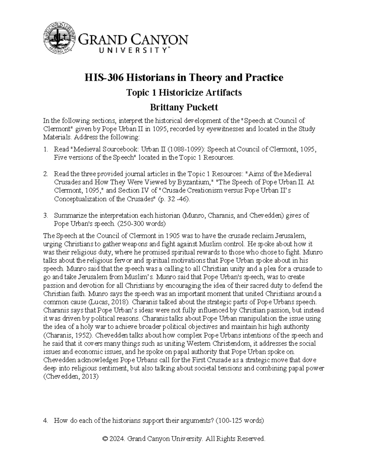 HIS-306 Final Exam: Analyzing Pope Urban II's Speech at Clermont - Studocu