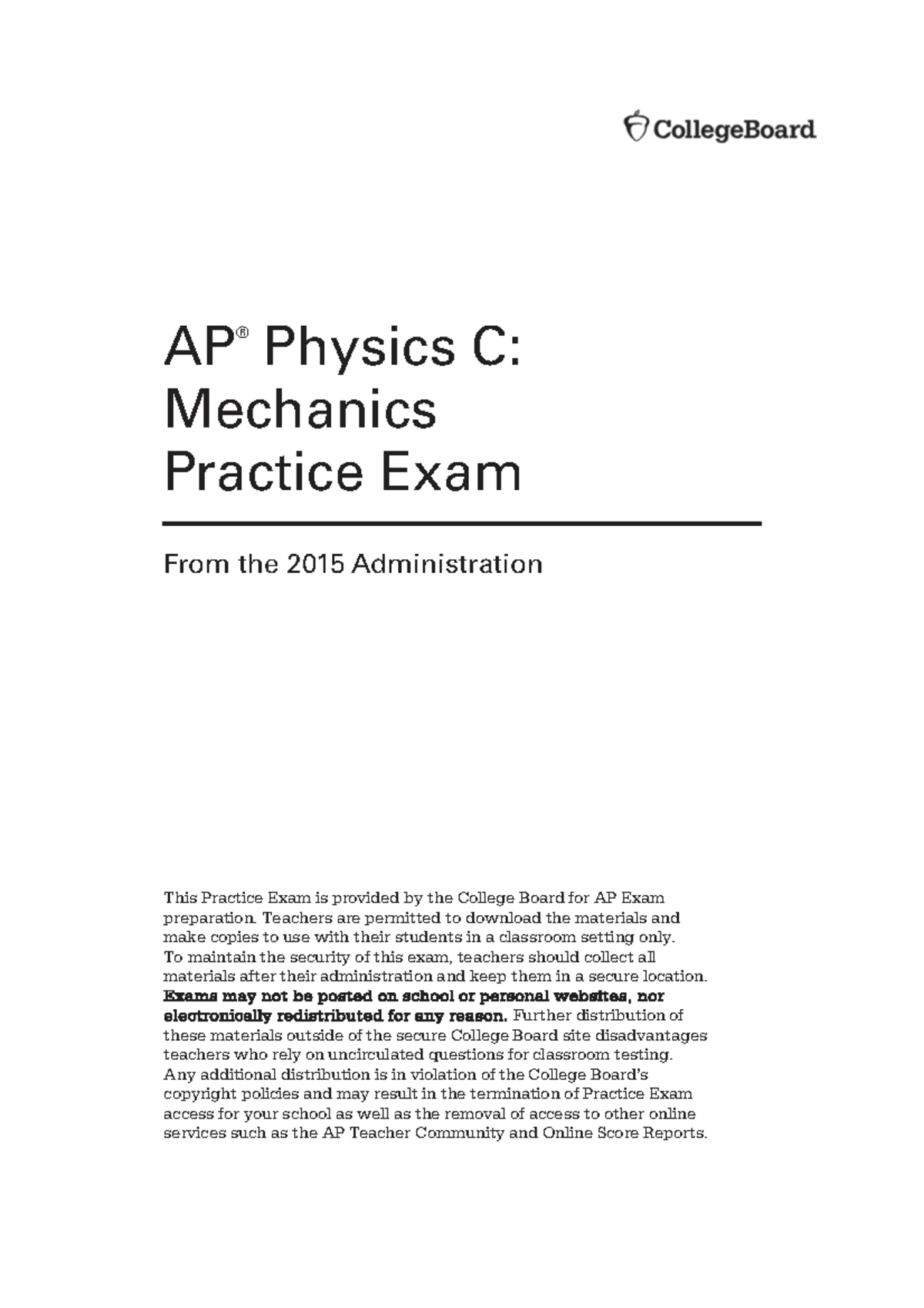 2015 AP Physics C: Mechanics Practice Exam Questions - Studocu