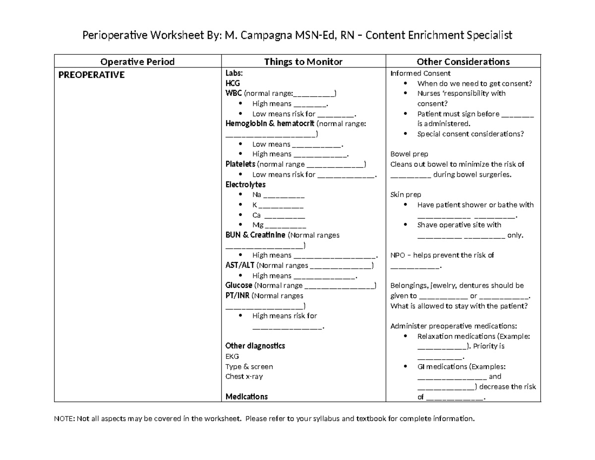 Perioperative Assessment and Monitoring Worksheet for Surgery - Studocu