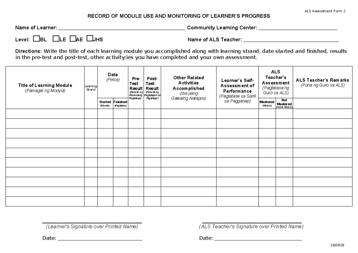 ALS Assessment Form 2 - Monitoring Learner's Progress and Modules - Studocu