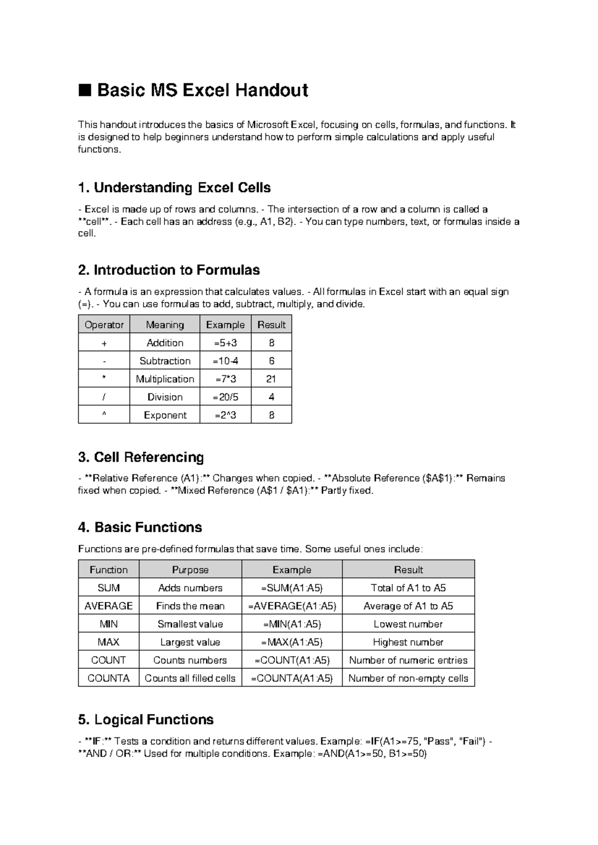 Basic MS Excel Basics Handout - Intro to Cells & Formulas - Studocu
