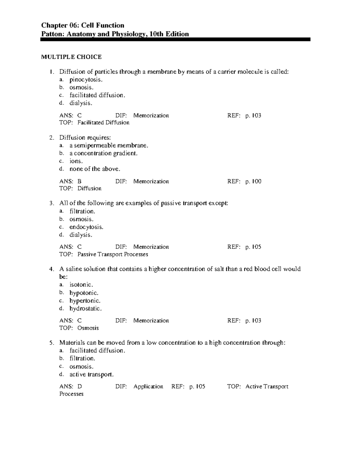 Chapter 06: Cell Functions - MCQ Study Guide for ANP 10th Ed. - Studocu