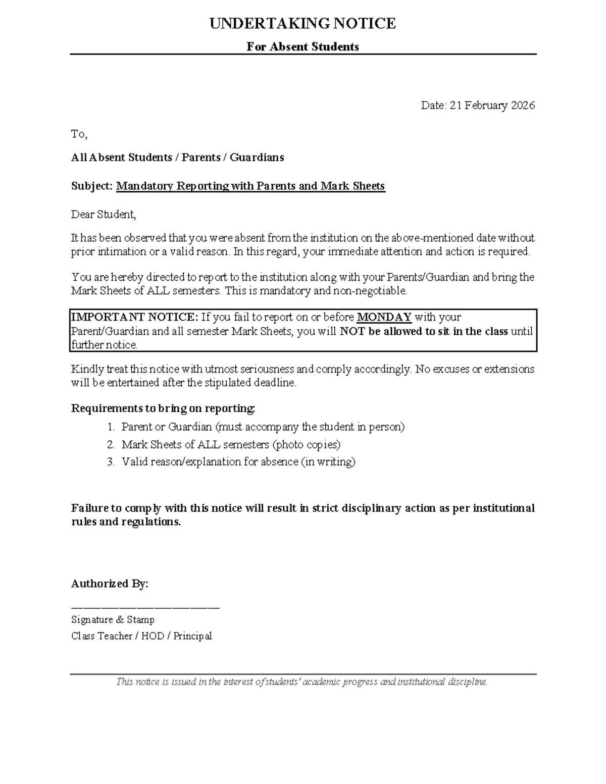 Mandatory Reporting Notice for Absent Students - 21 Feb 2026 - Studocu
