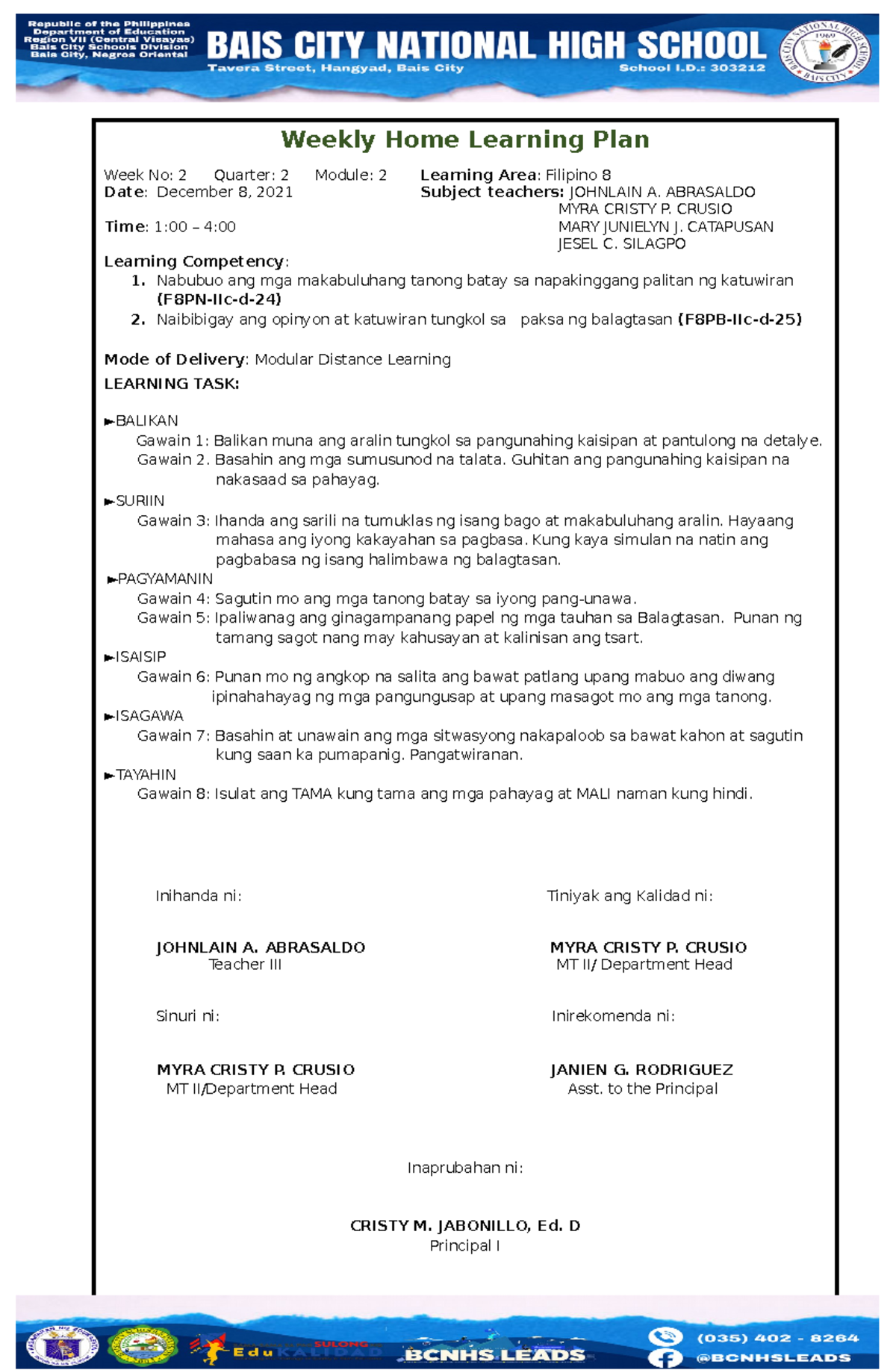 WHLP Filipino 8 Week 2 Quarter 2 Learning Tasks and Activities - Studocu