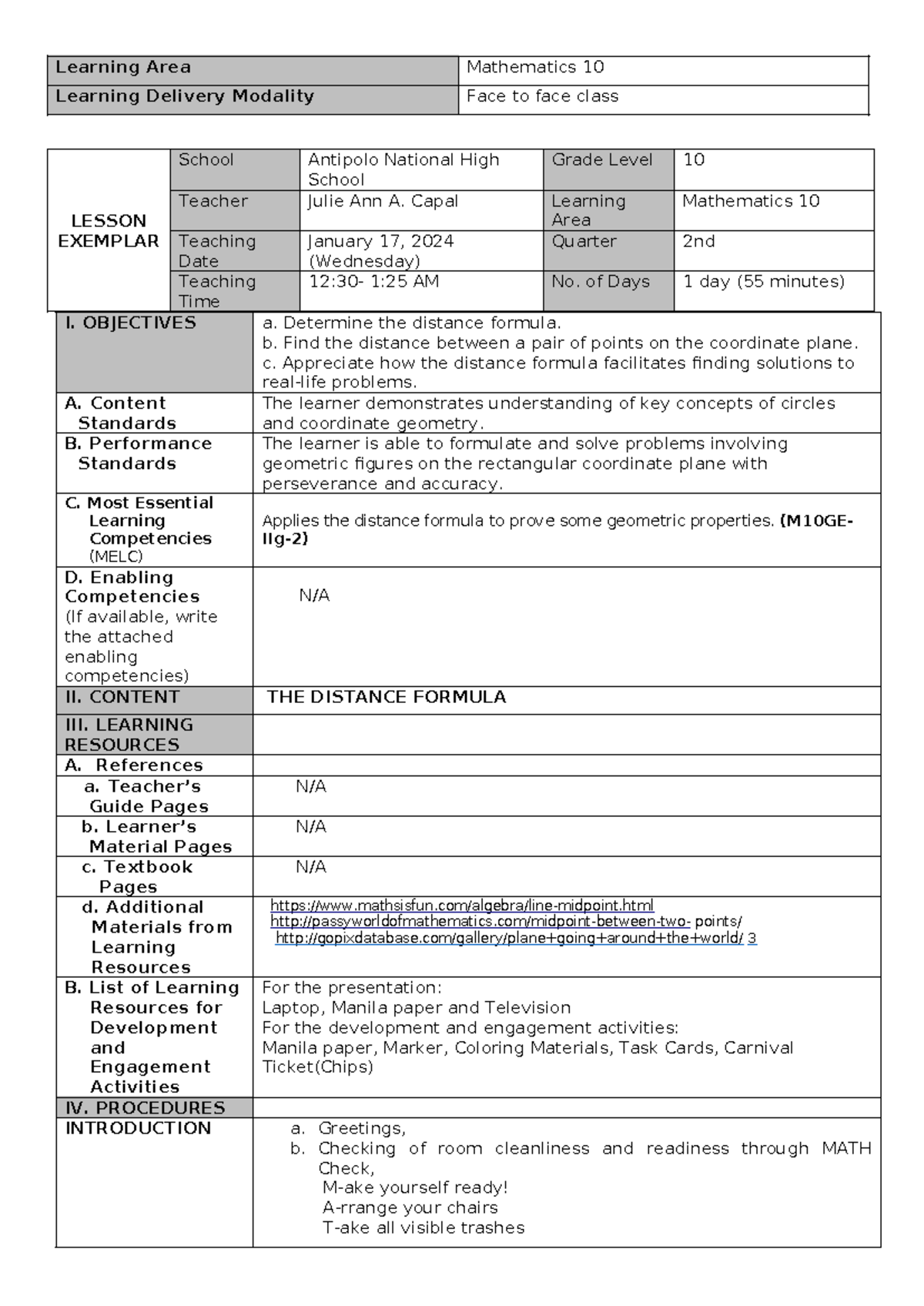 COT 2-MATH 10: Lesson Exemplar on Distance Formula in Geometry - Studocu