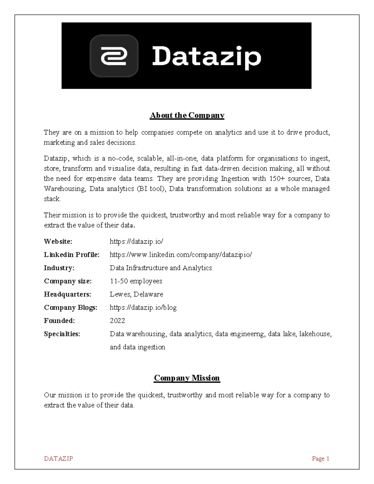 Datazip 24 03 2025 04 24 35 64324829 - DATAZIP Page 1 About the Company They are on a mission to ...