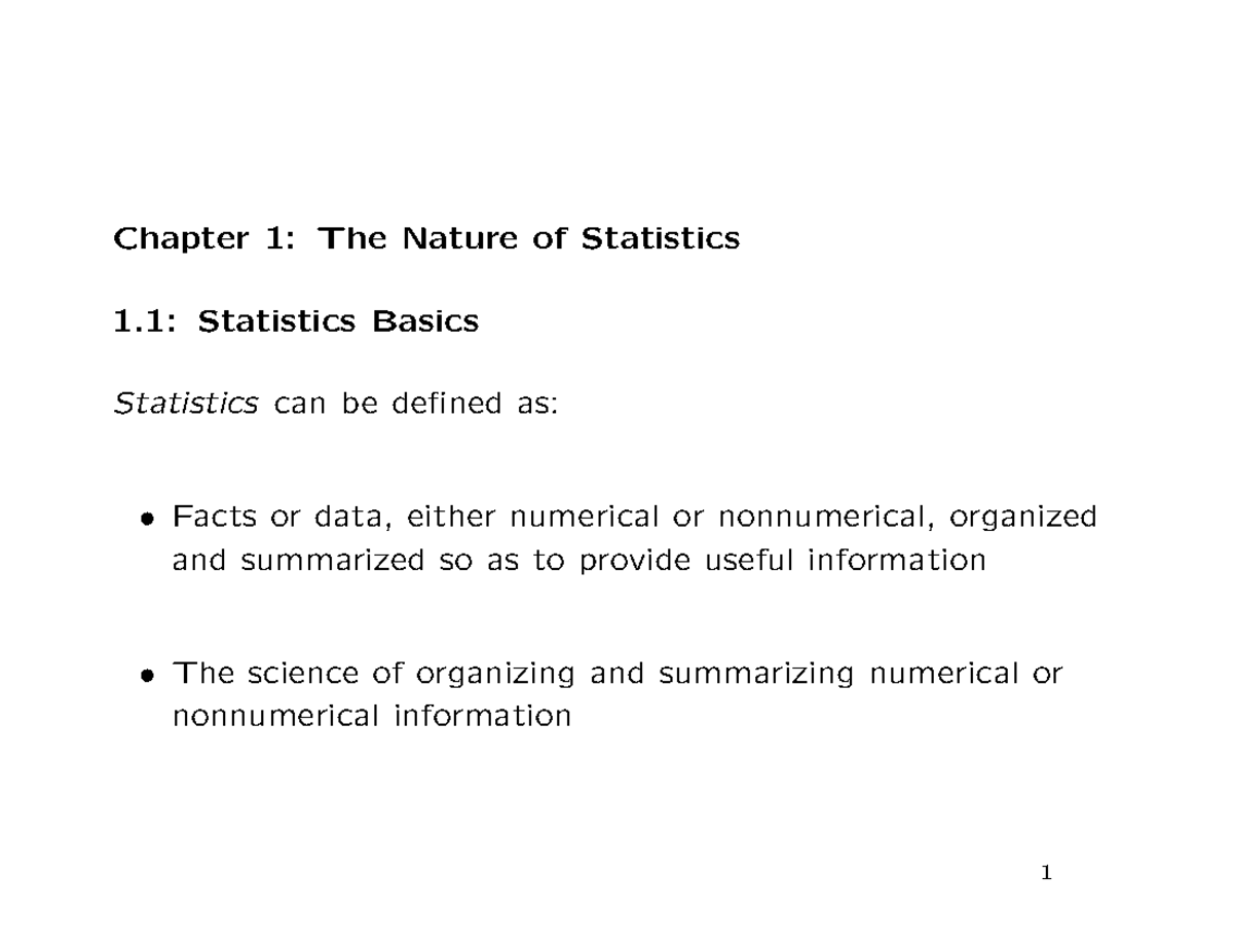 Chapter 1: The Nature of Statistics - Basics & Sampling Methods - Studocu