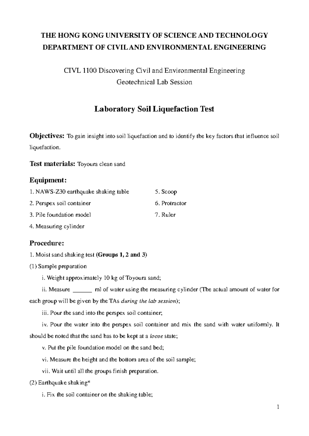 CIVL 1100 Geotechnical Lab: Soil Liquefaction Test Manual - Studocu