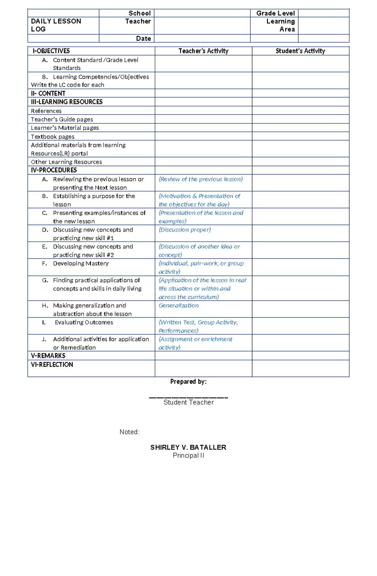 New Lesson Plan Format - School Grade Level DAILY LESSON LOG Teacher ...