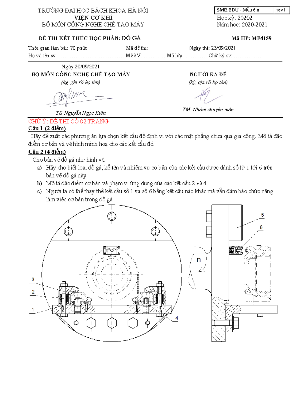 ĐỀ THI KẾT THÚC HỌC PHẦN ME4159: ĐỒ GÁ HỌC KỲ 20202 - Studocu
