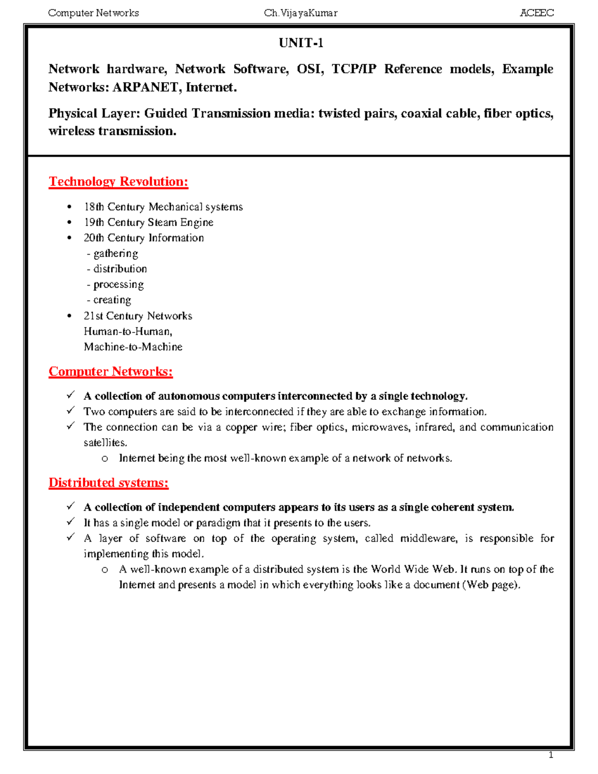 CN UNIT 1 - Computer Networks Overview and Key Concepts - Studocu