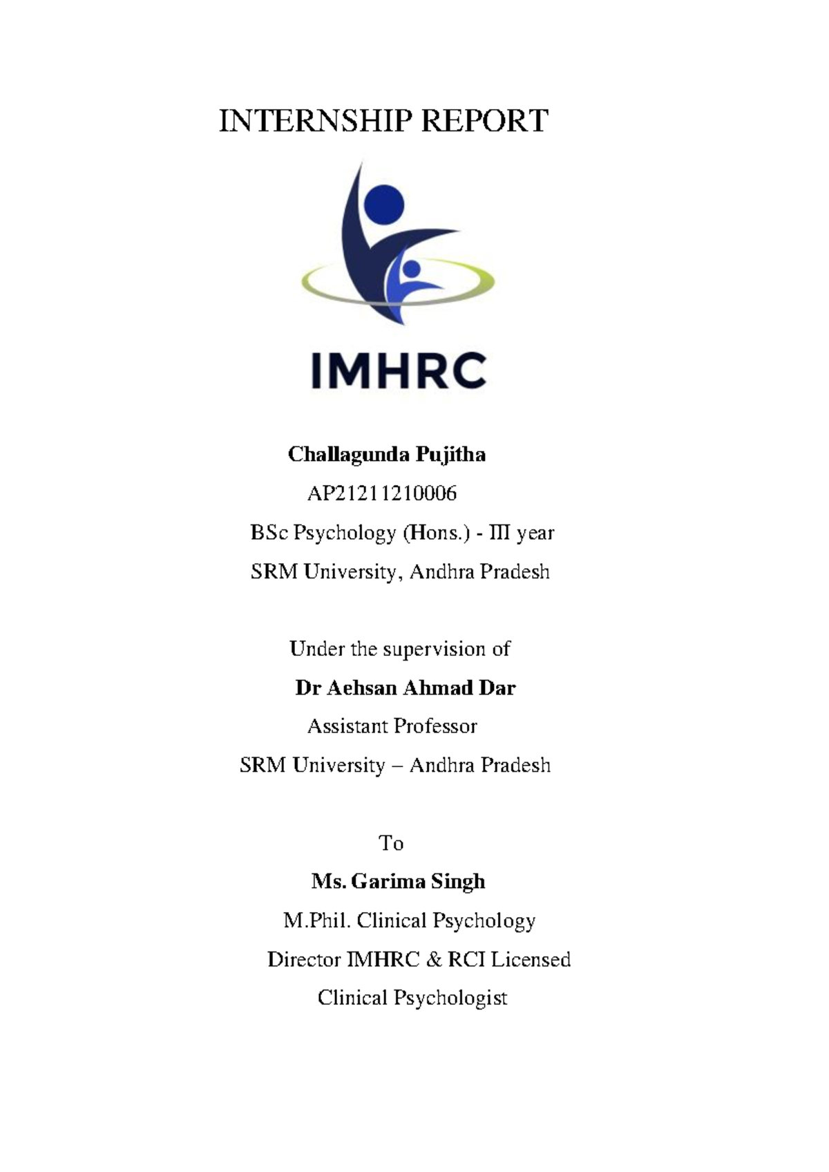 BSc Psychology (Hons.) - III: Internship Report at IMHRC, AP - Studocu