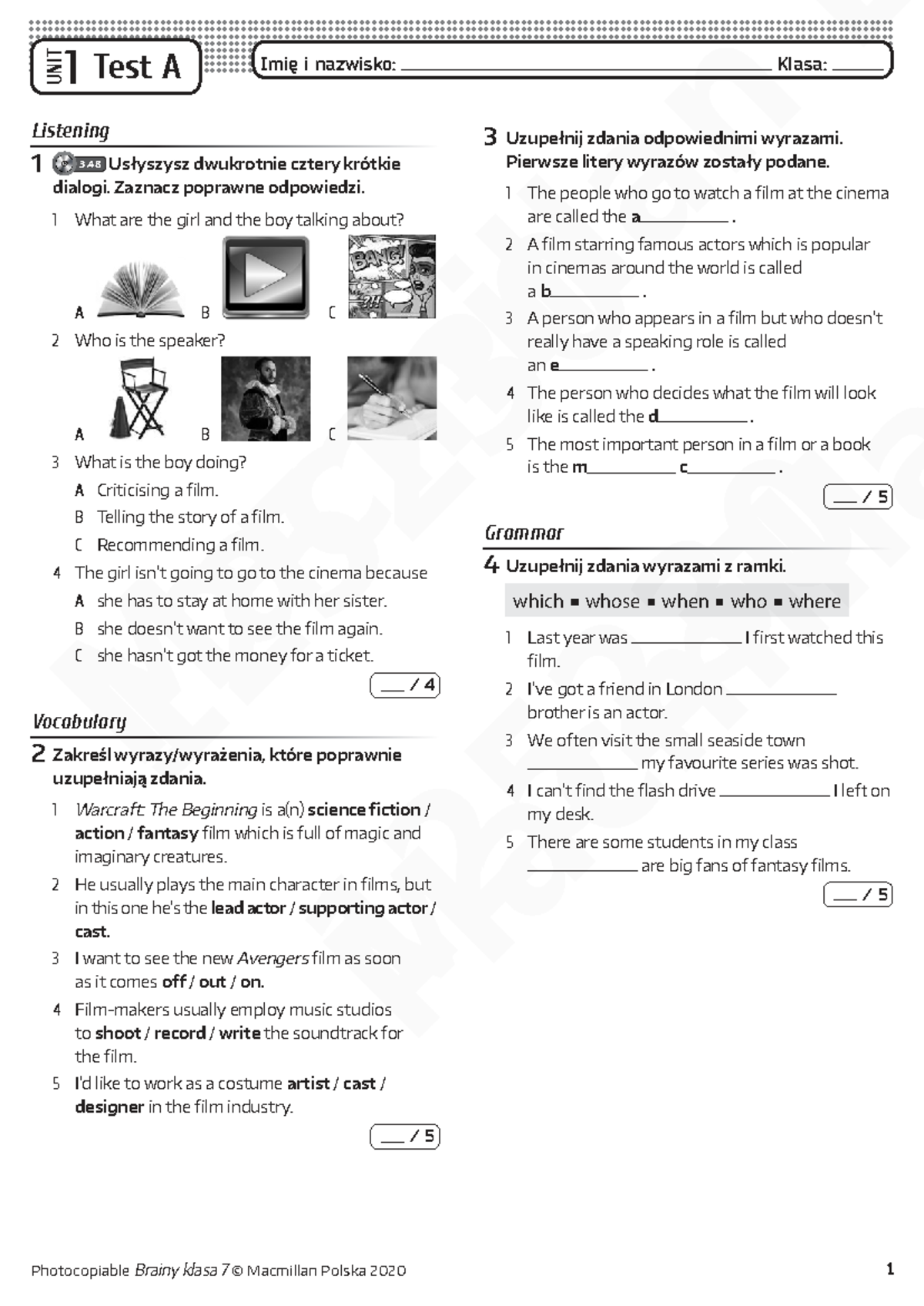 Brainy kl7 Unit Test 1A: Listening, Grammar, Vocabulary & Writing - Studocu
