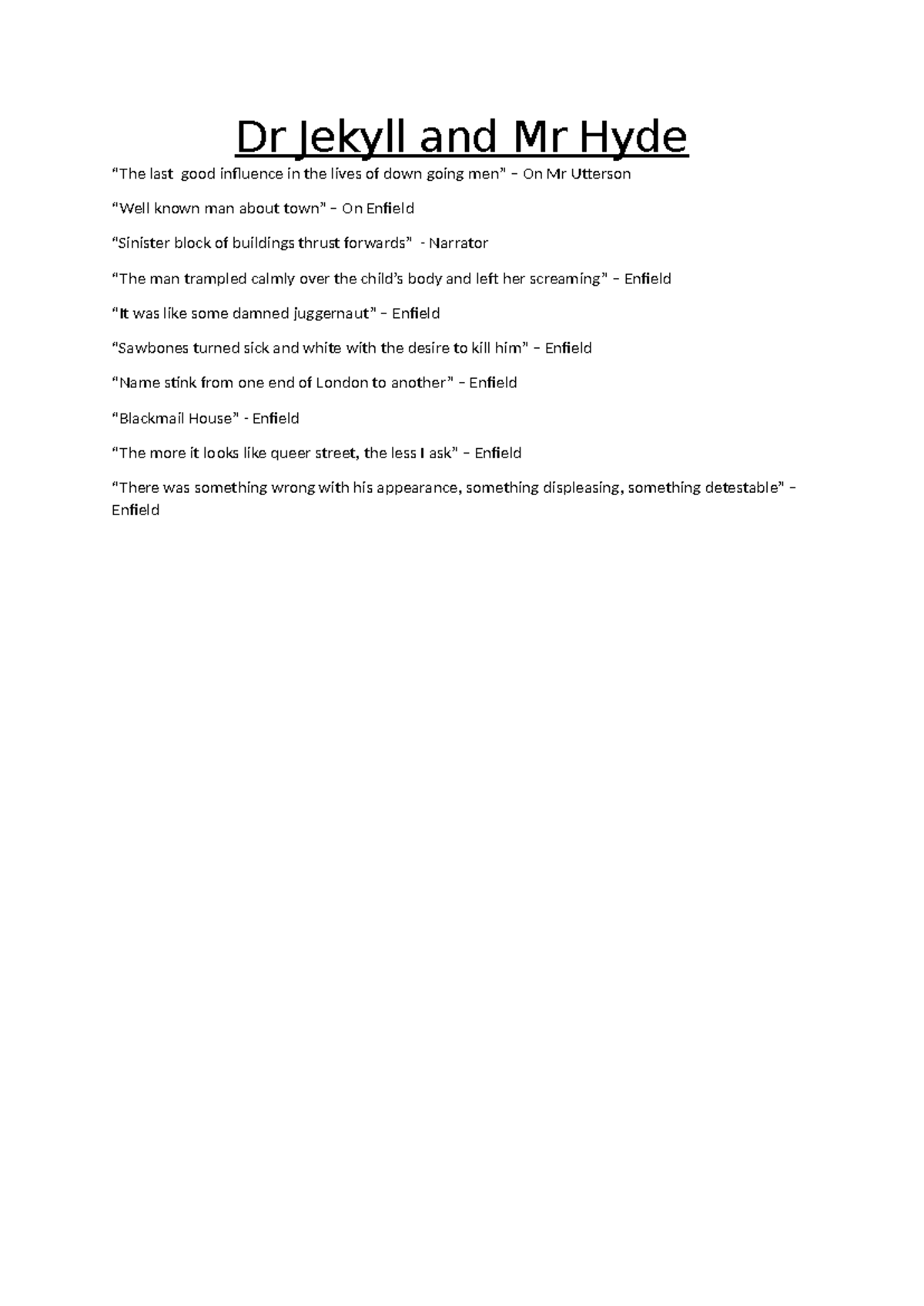 Dr Jekyll and Mr Hyde: Key Quotes and Analysis by Chapter - Studocu