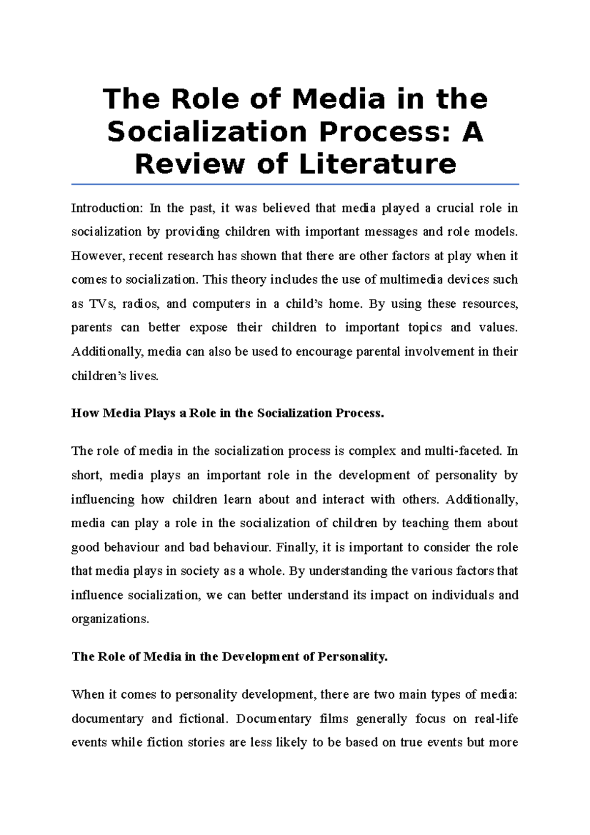 The Impact of Media on Socialization: A Literature Review - Studocu