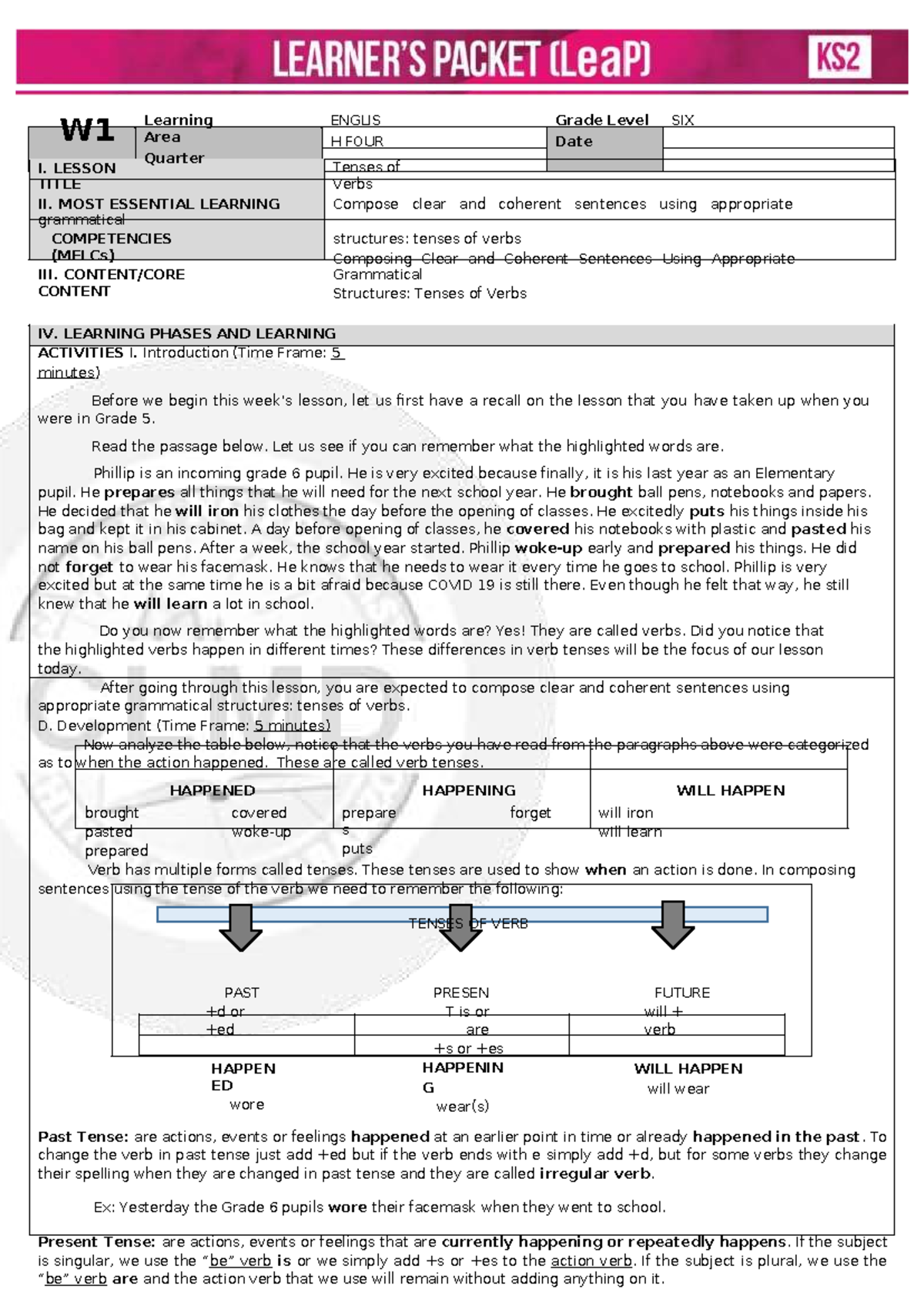 Q4 English 6 Week1 - n/a - W 1 I. LESSON TITLE Learnin g Area Quarter ...