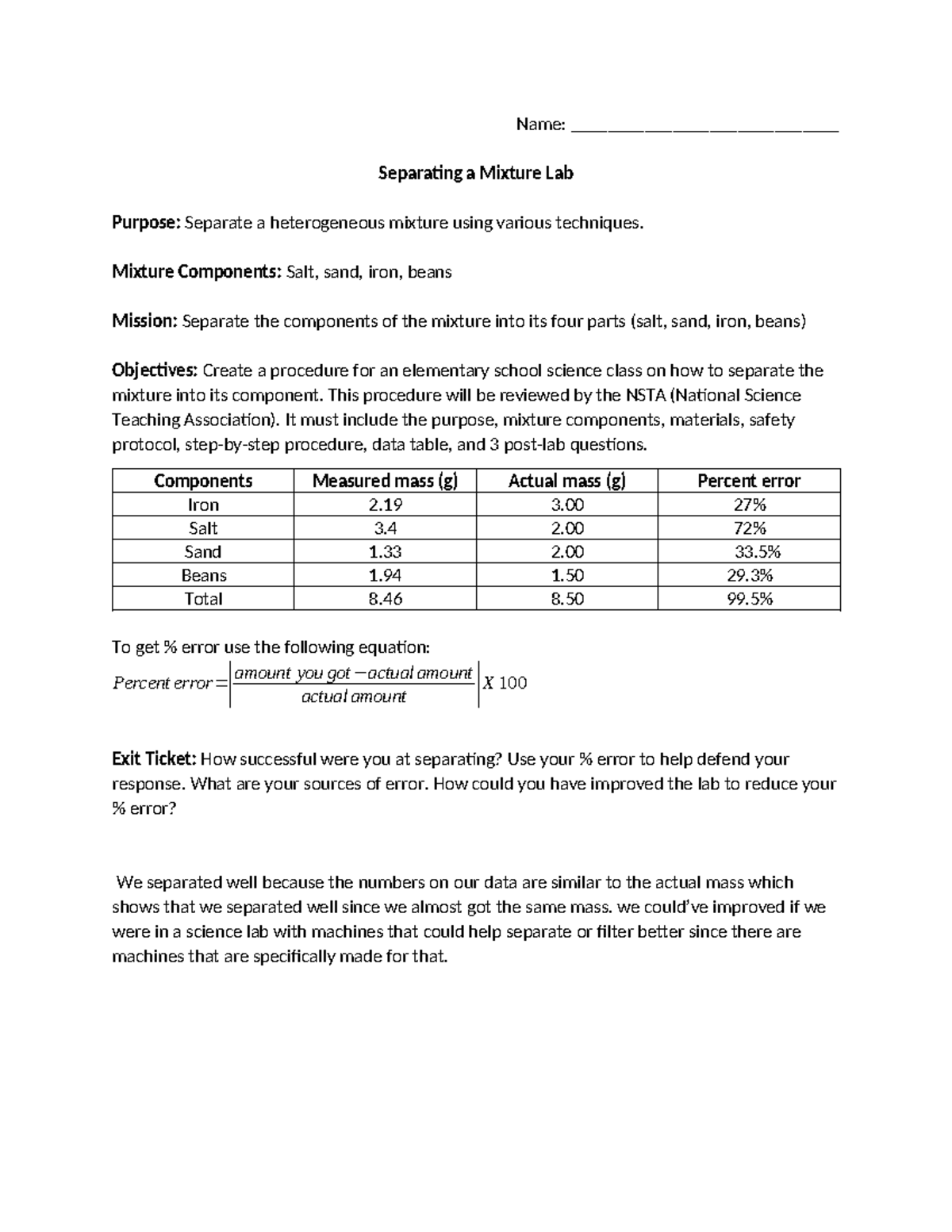 Lab-Separation of a Mixture - redone - Name ...