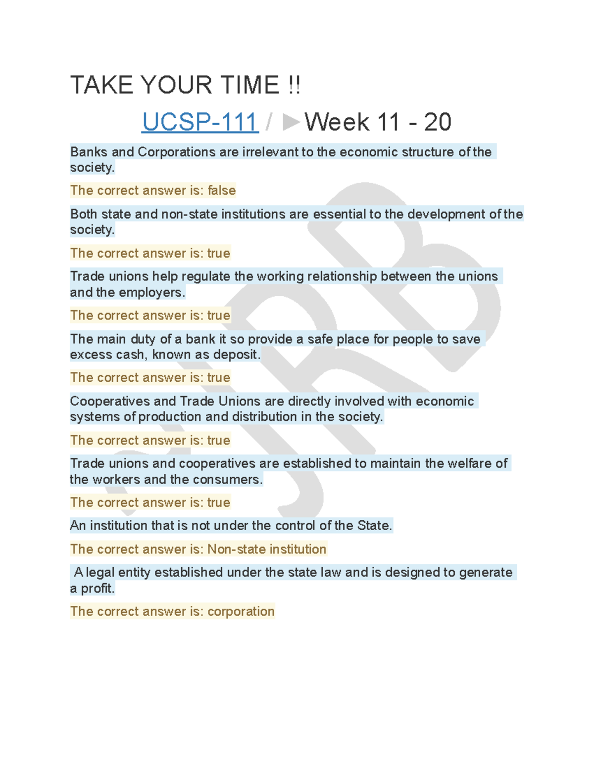 UCSP-111: Weeks 11-20 Answer Sheets & Quiz Review - Studocu