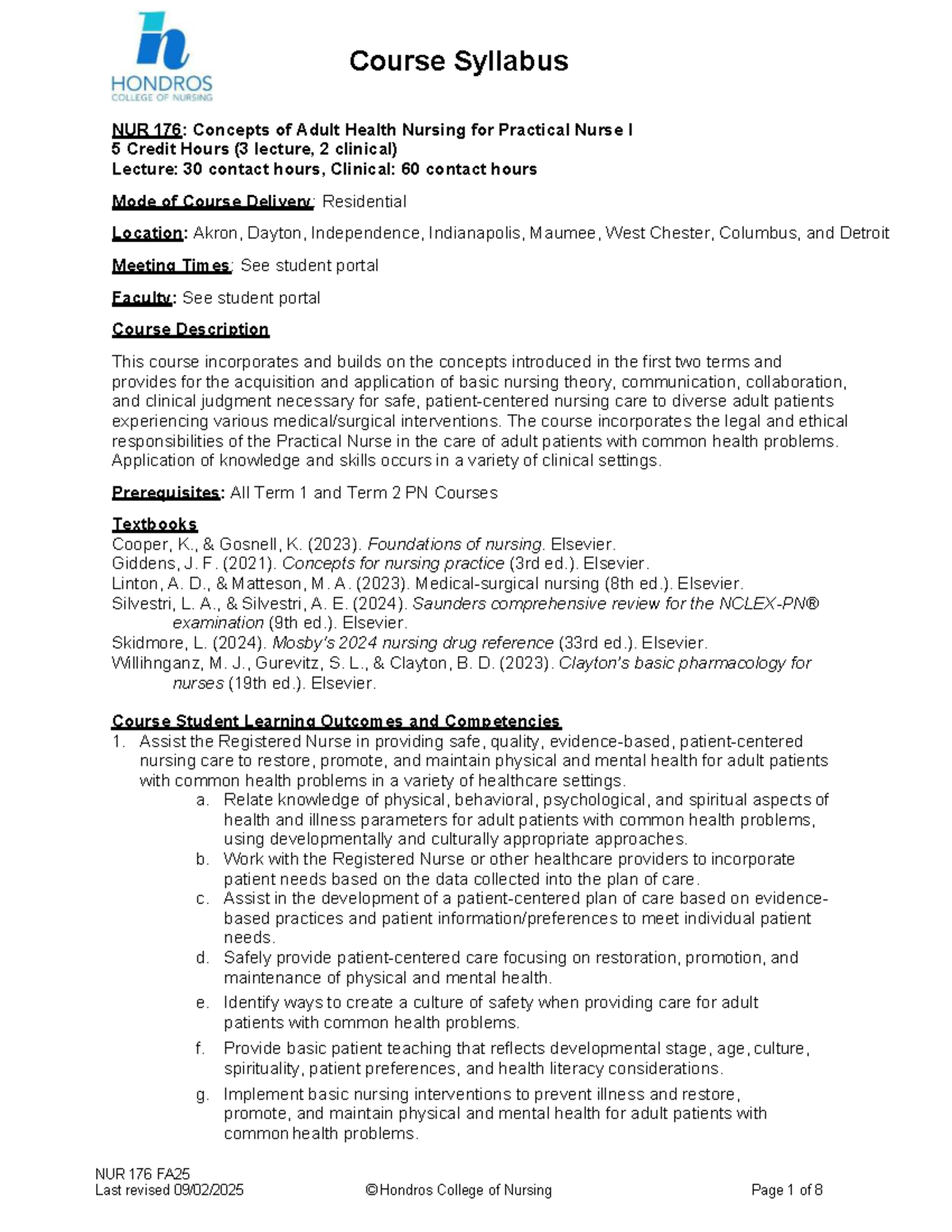 NUR 176 Syllabus FA25: Concepts of Adult Health Nursing - Studocu