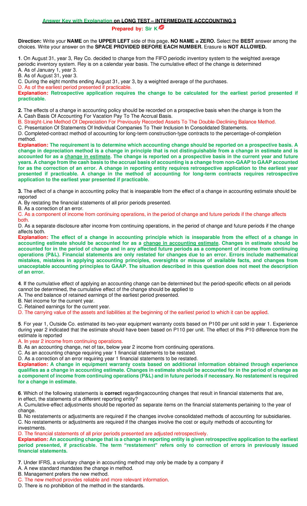 Long Test with Answer Key & Explanations for Midterm Exam (INTERMEDIATE ...