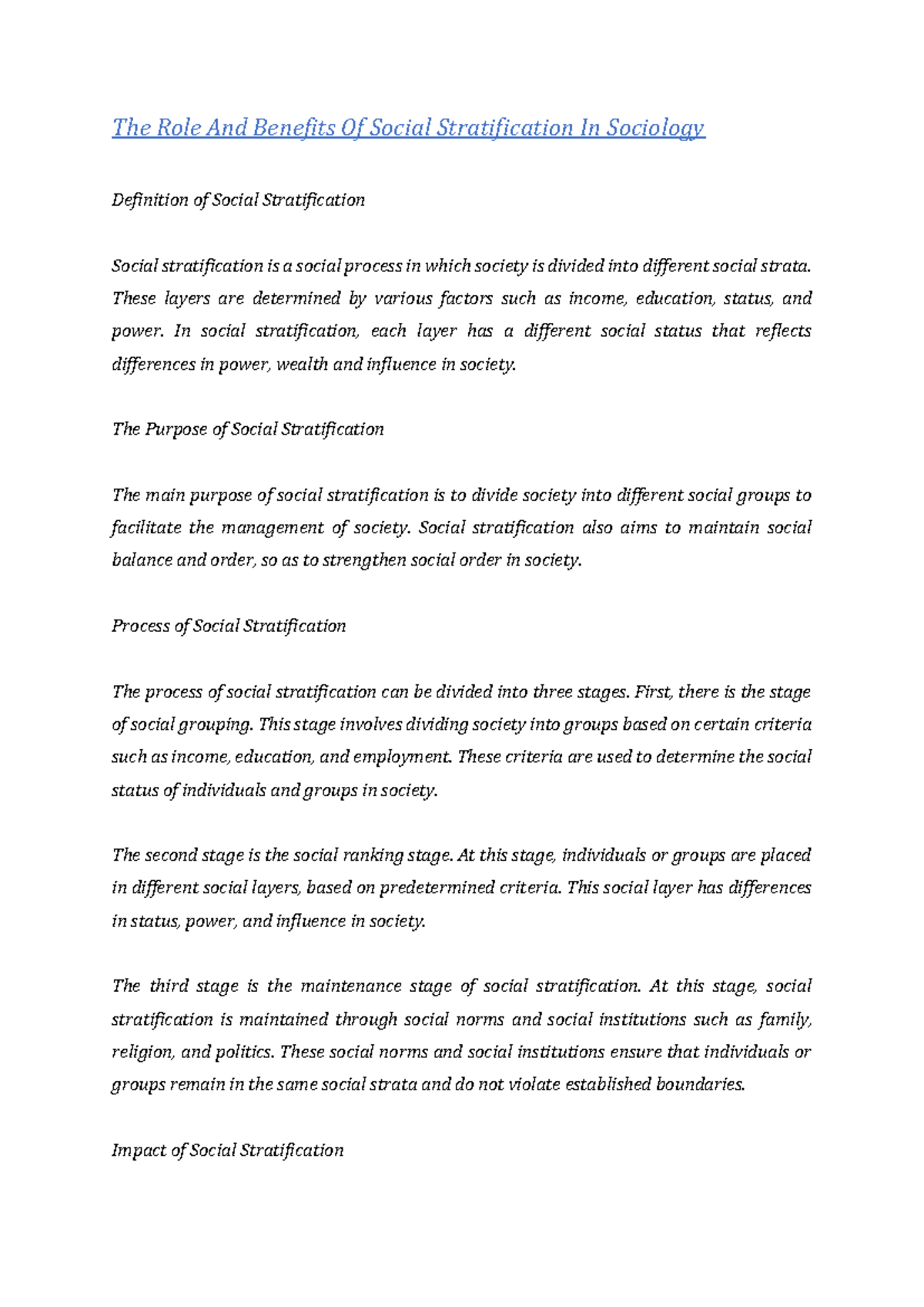 Sociology 101: Benefits & Impacts of Social Stratification - Studocu