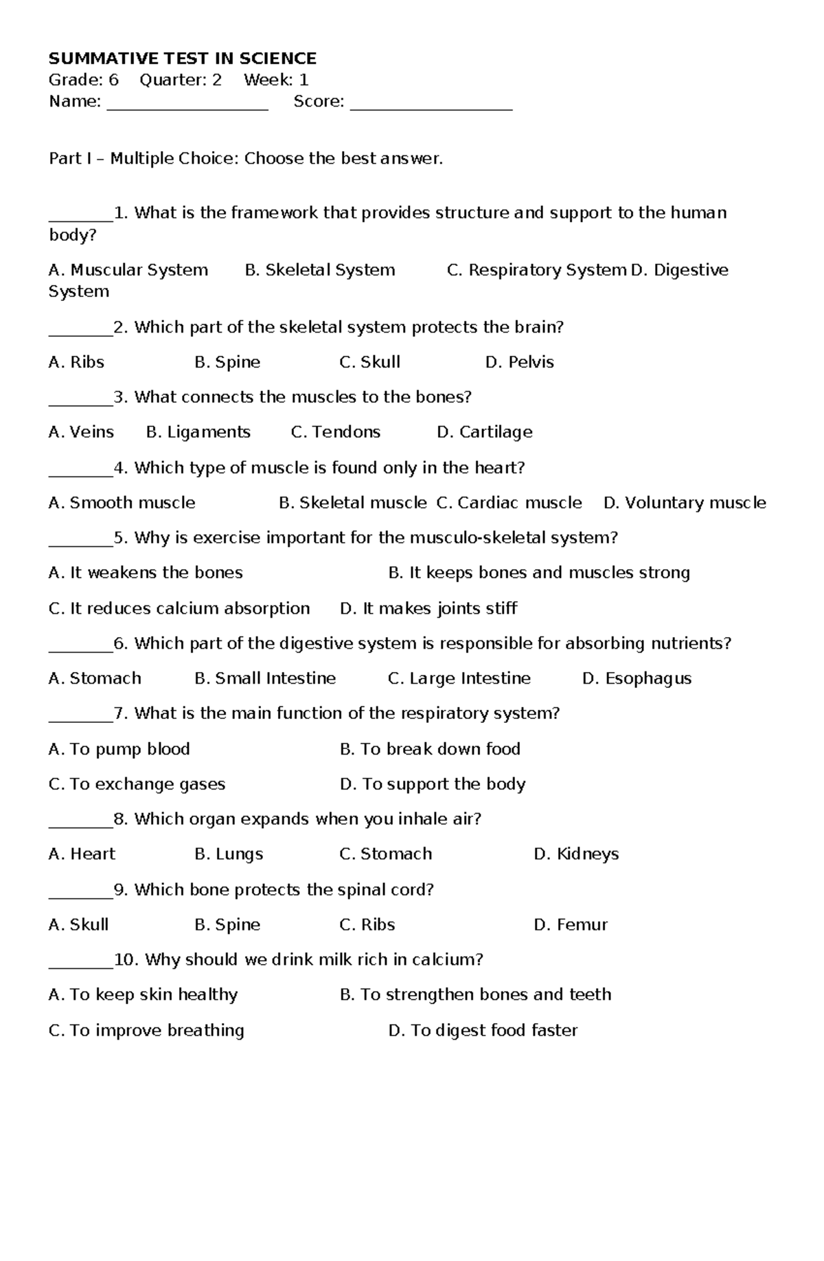 SUMMATIVE TEST SCIENCE 6 Q2W1: Multiple Choice & True/False - Studocu